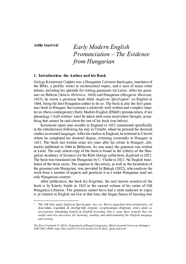 (PDF) Early Modern English pronunciation — The evidence from Hungarian