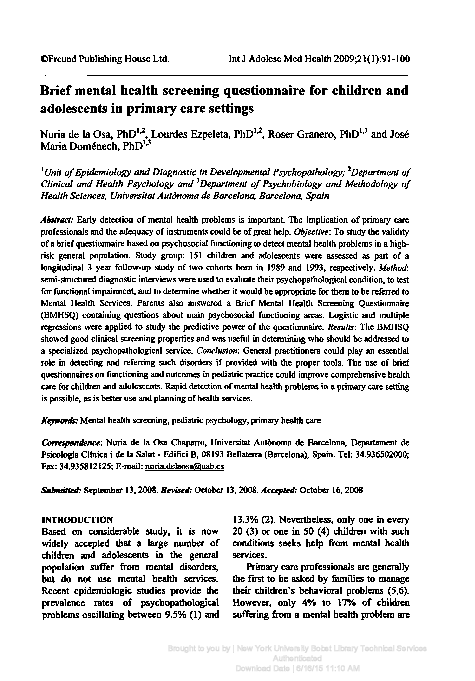 (PDF) Brief mental health screening questionnaire for children and ...