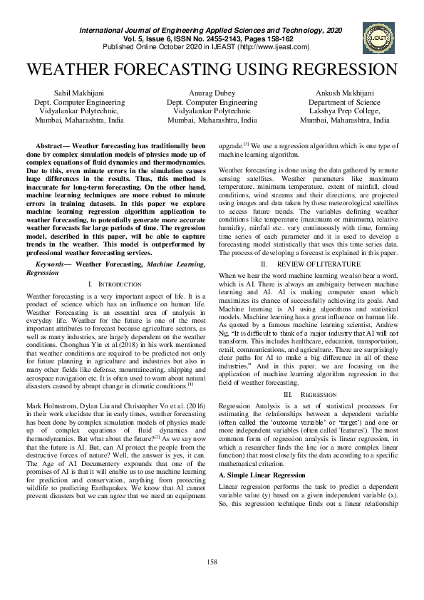 (PDF) Weather Forecasting Using Regression