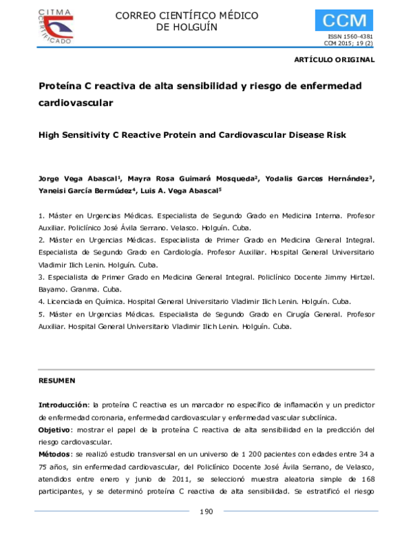 (PDF) Proteína C reactiva de alta sensibilidad y riesgo de enfermedad ...