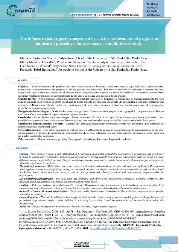 (PDF) The influence of project management on the performance of ...