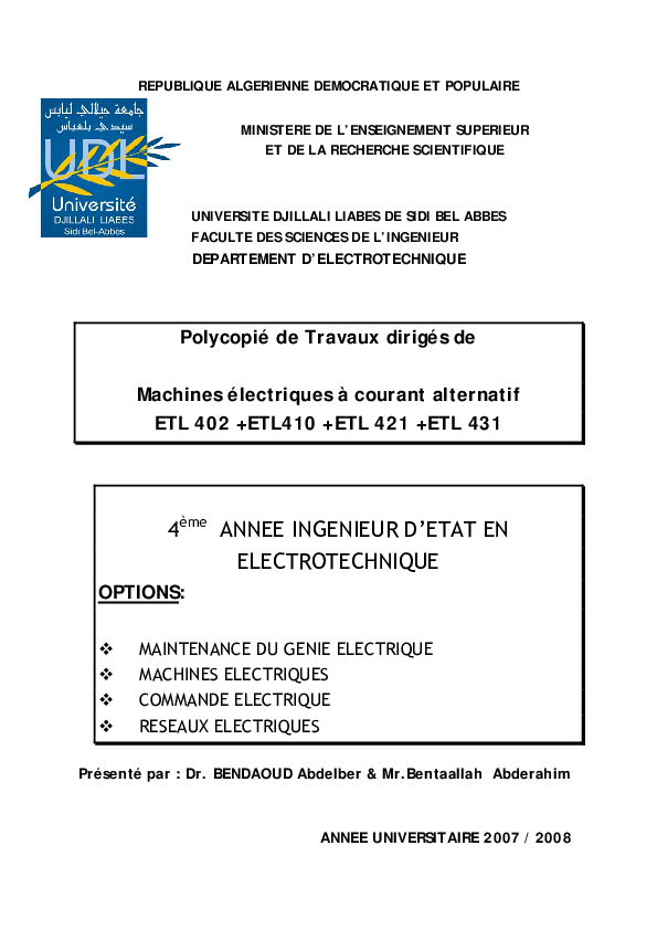 (PDF) polycopié de travaux dirigés (TD) sur les machines électriques à courant alternatif