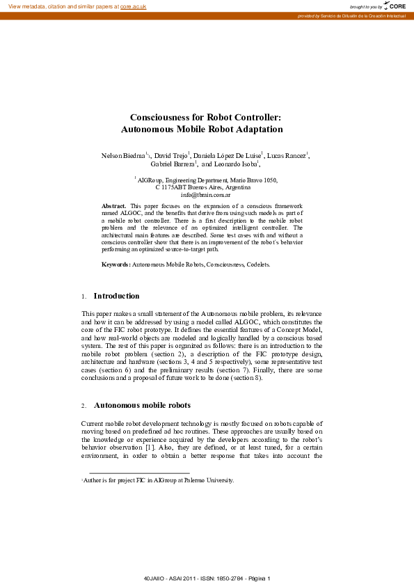 (PDF) Consciousness for Robot Controller: Autonomous Mobile Robot Adaptation