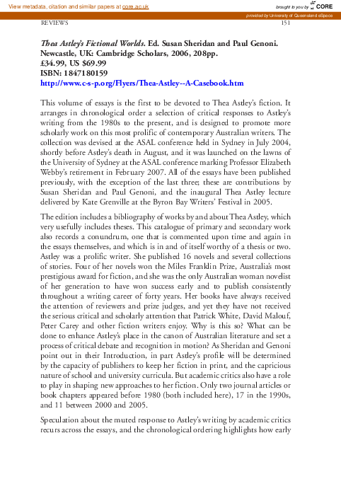 (PDF) Review: Thea Astley's fictional Worlds, edited by Susan Sheridan ...