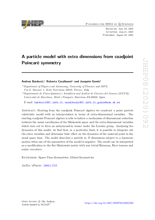 (PDF) A particle model with extra dimensions from coadjoint Poincaré symmetry | Roberto ...