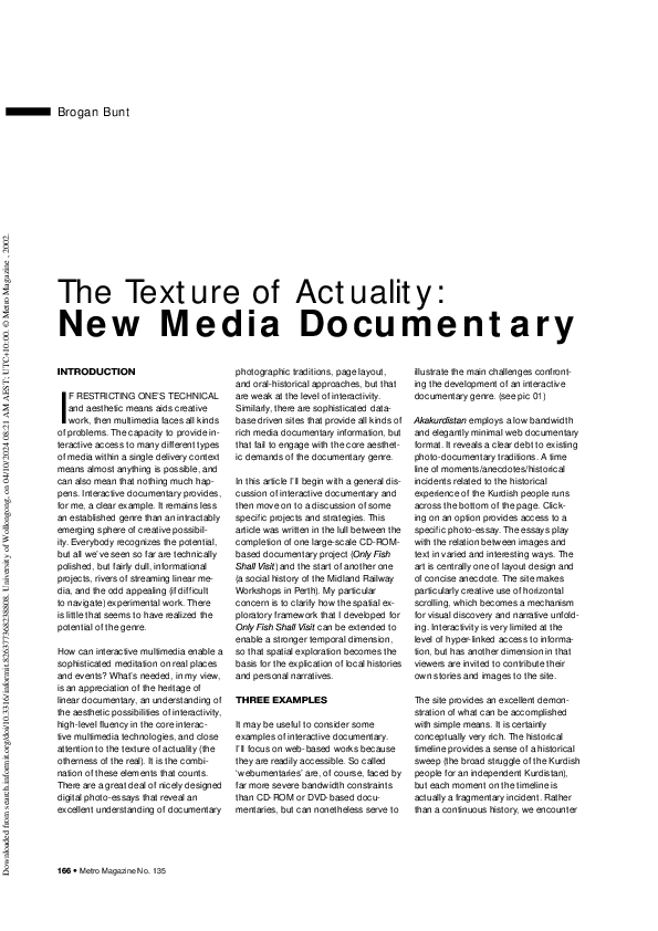 (PDF) The Texture of Actuality: New Media Documentary
