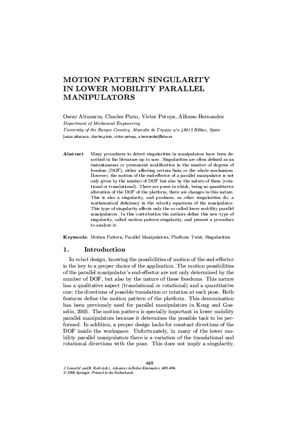 (PDF) Motion pattern singularity in lower mobility parallel manipulators