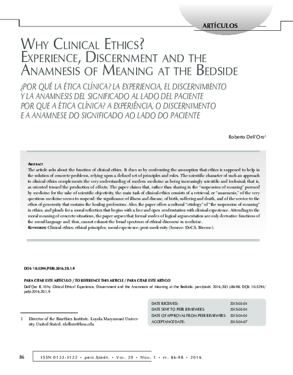 (PDF) Why Clinical Ethics? Experience, Discernment and the Anamnesis of ...