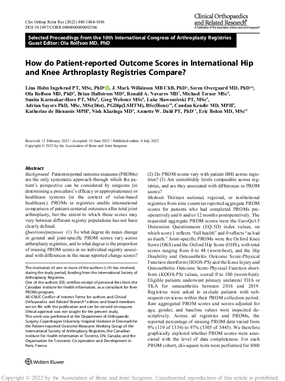 (PDF) How do Patient-reported Outcome Scores in International Hip and Knee Arthroplasty ...