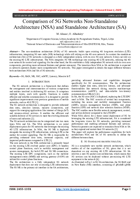 (PDF) Comparison of 5G Networks Non-Standalone Architecture (NSA) and Standalone Architecture (SA