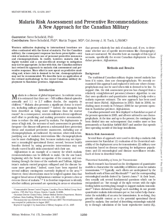 (PDF) Malaria Risk Assessment and Preventive Recommendations: A New ...