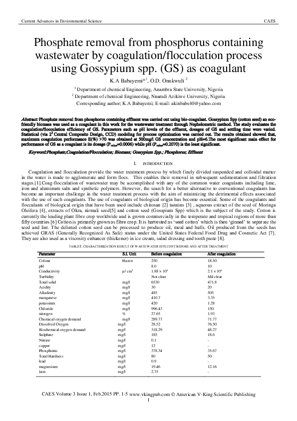 (PDF) Phosphate removal from phosphorus containing waste water by coagulation/flocculation ...