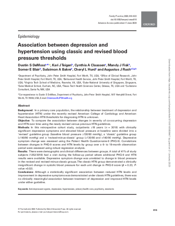 (PDF) Association between depression and hypertension using classic and ...