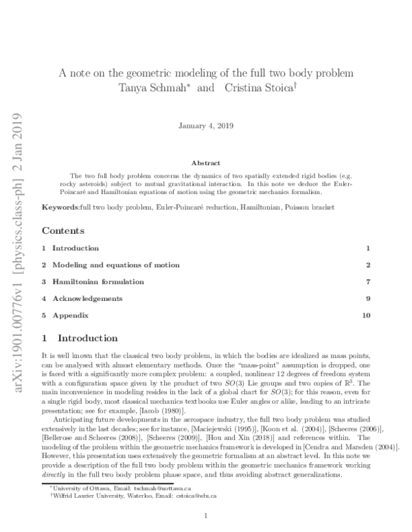 (PDF) A note on the geometric modeling of the full two body problem