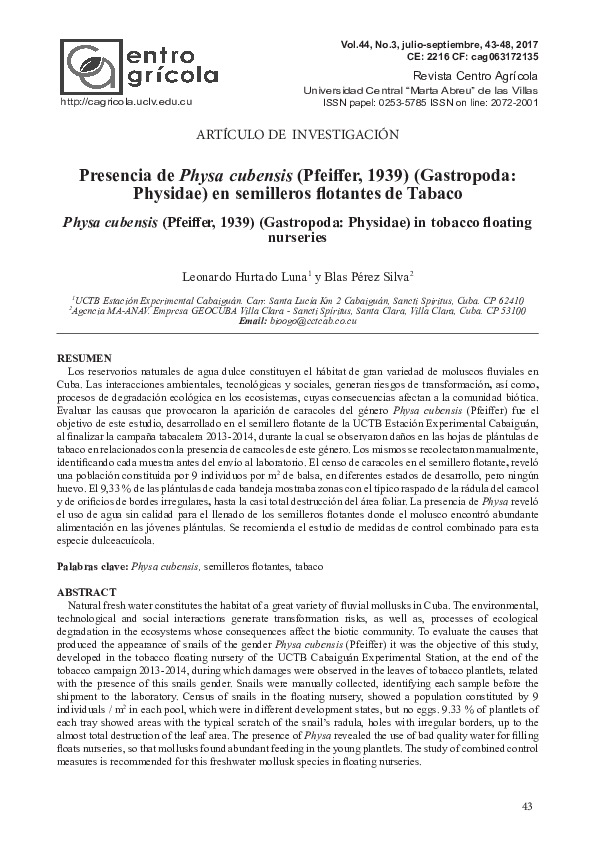 (PDF) Presencia de Physa cubensis (Pfeiffer, 1939) (Gastropoda: Physidae) en semilleros ...