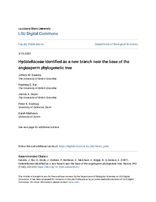 (PDF) Hydatellaceae identified as a new branch near the base of the ...