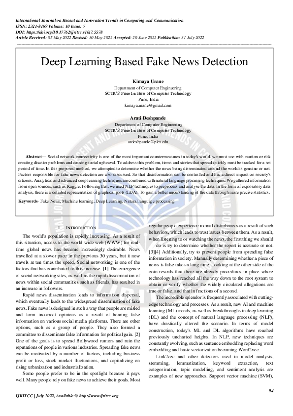 (PDF) Deep Learning Based Fake News Detection