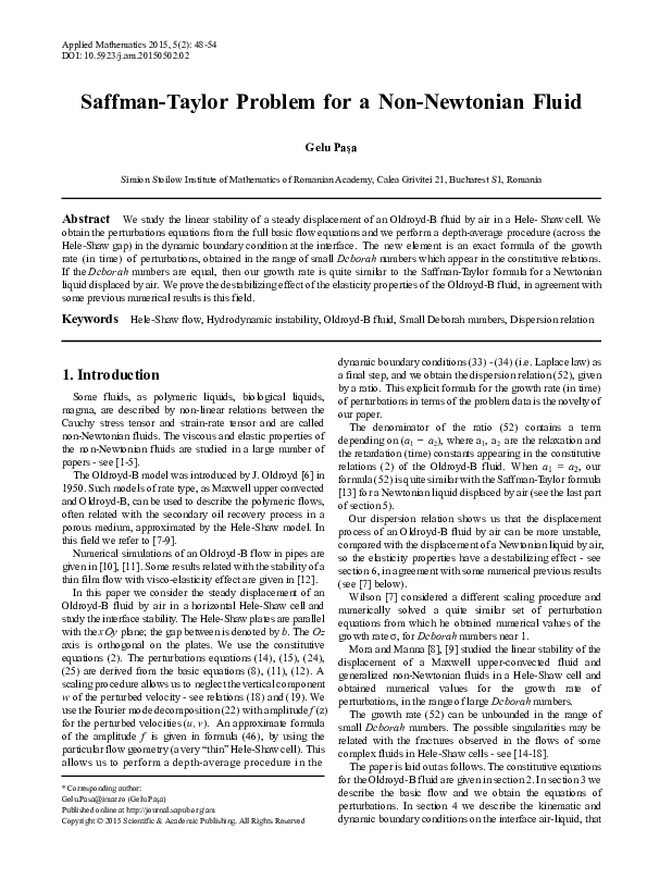 (PDF) Saffman-Taylor Problem for a Non-Newtonian Fluid