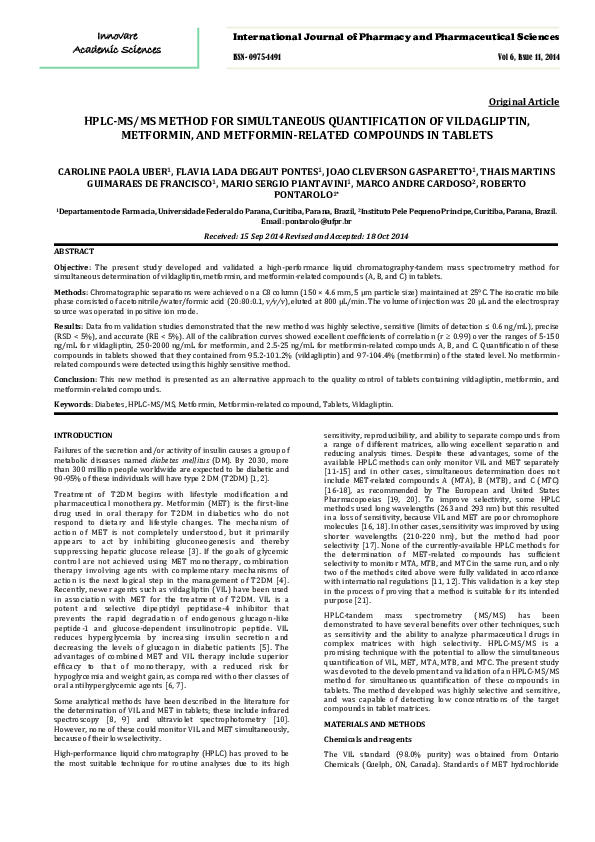 (PDF) HPLC-MS/MS METHOD FOR SIMULTANEOUS QUANTIFICATION OF VILDAGLIPTIN, METFORMIN AND METFORMIN ...
