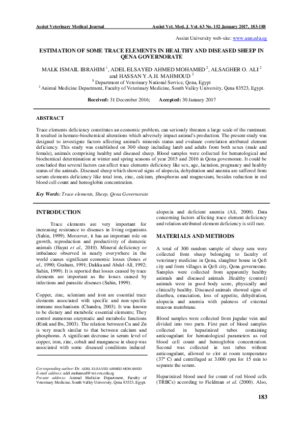 (PDF) Estimation of Some Trace Elements in Healthy and Diseased Sheep ...