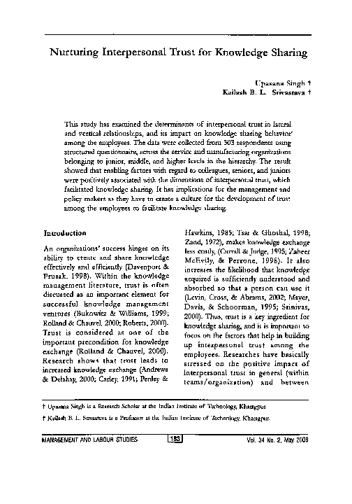 (PDF) Nurturing Interpersonal Trust for Knowledge Sharing