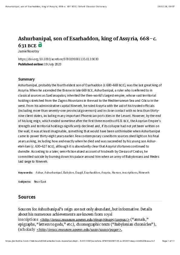 (PDF) Ashurbanipal, son of Esarhaddon, king of Assyria, 668-c. 631 BCE