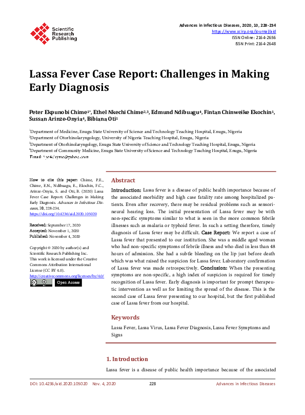 (PDF) Lassa Fever Case Report: Challenges in Making Early Diagnosis