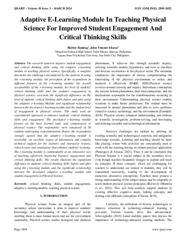 (PDF) Adaptive E-Learning Module In Teaching Physical Science For Improved Student Engagement ...