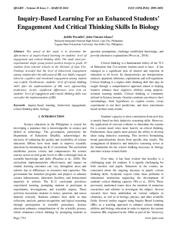 (PDF) Inquiry-Based Learning For an Enhanced Students' Engagement And Critical Thinking Skills ...