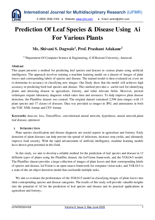 (PDF) Prediction of Leaf Species & Disease using AI for Various Plants