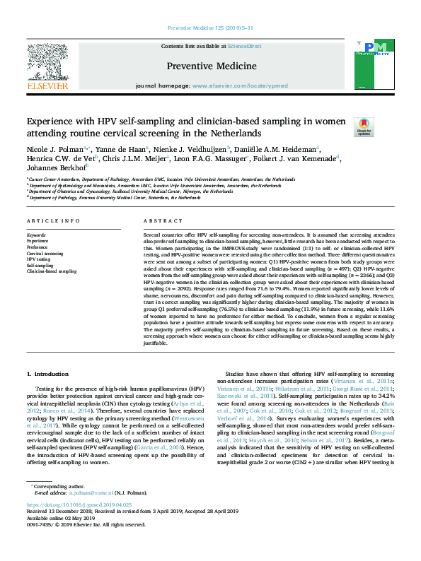(PDF) Experience with HPV self-sampling and clinician-based sampling in ...