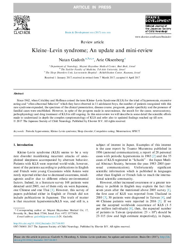 (PDF) Kleine–Levin syndrome; An update and mini-review