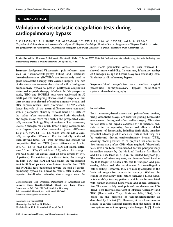 (PDF) Validation of viscoelastic coagulation tests during ...