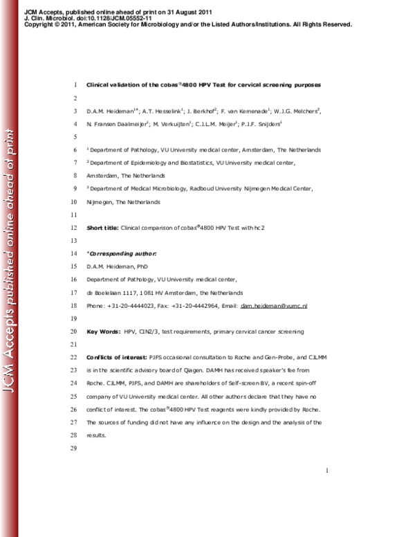 (PDF) Clinical Validation of the cobas 4800 HPV Test for Cervical ...
