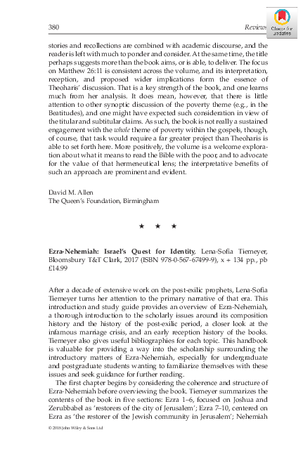 (PDF) Ezra‐Nehemiah: Israel's Quest for Identity, Lena‐SofiaTiemeyer, Bloomsbury T&T Clark, 2017 ...
