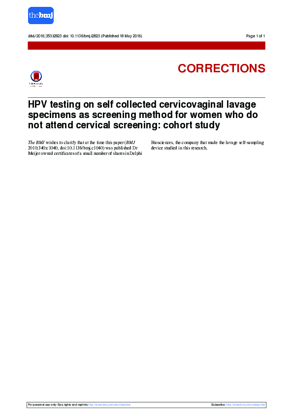 (PDF) HPV testing on self collected cervicovaginal lavage specimens as ...