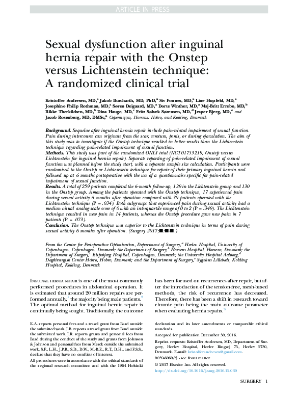 (PDF) Sexual dysfunction after inguinal hernia repair with the Onstep versus Lichtenstein ...