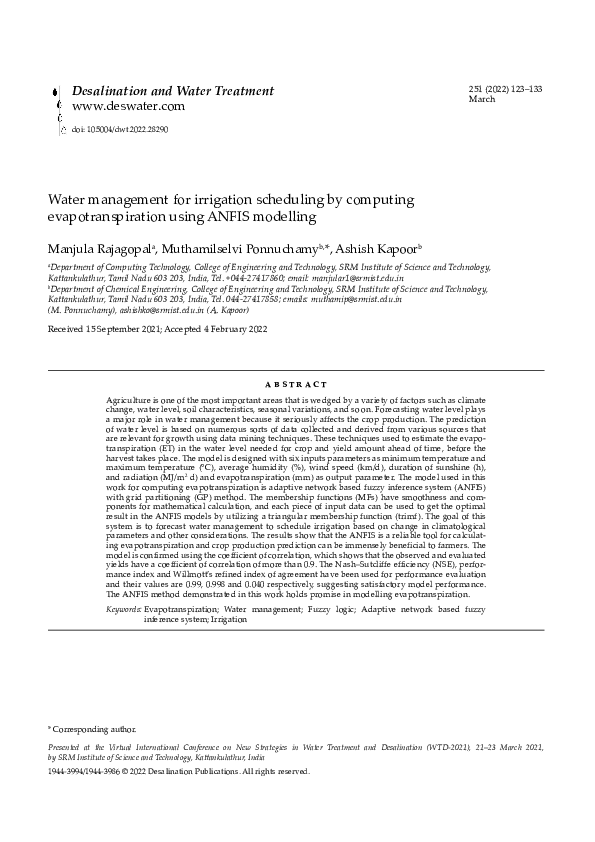 (PDF) Water management for irrigation scheduling by computing evapotranspiration using ANFIS ...
