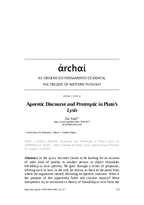 (PDF) Aporetic Discourse and Protreptic in Plato's Lysis
