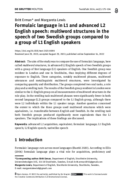 (PDF) Formulaic language in L1 and advanced L2 English speech: multiword structures in the ...