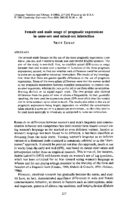 Pdf Female And Male Usage Of Pragmatic Expressions In Same Sex And Mixed Sex Interaction