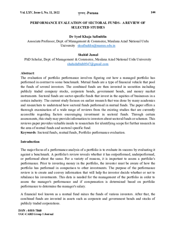 (PDF) PERFORMANCE EVALUATION OF SECTORAL FUNDS– A REVIEW OF Select ...