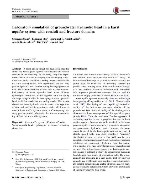 (PDF) Laboratory simulation of groundwater hydraulic head in a karst aquifer system with conduit ...