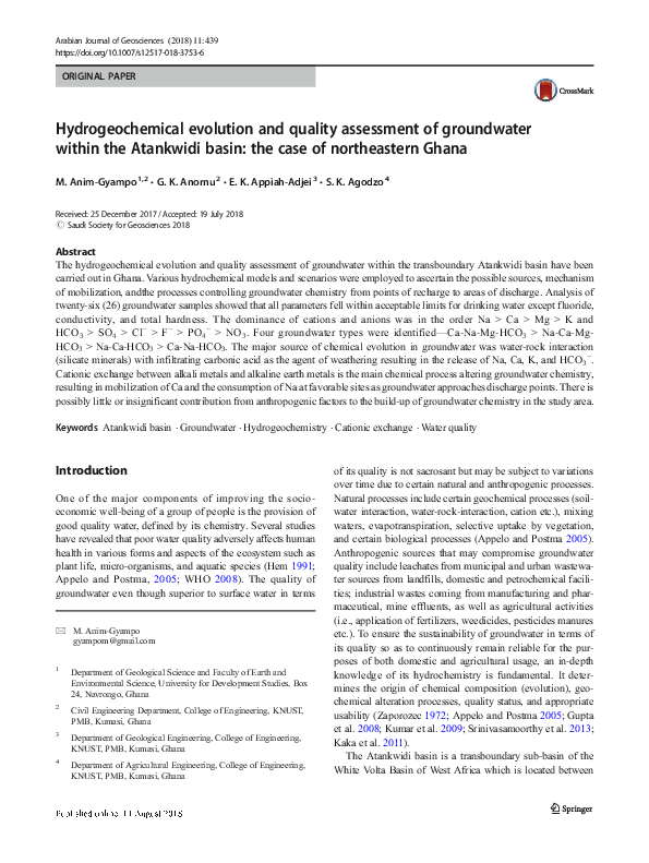 (PDF) Hydrogeochemical evolution and quality assessment of groundwater within the Atankwidi ...