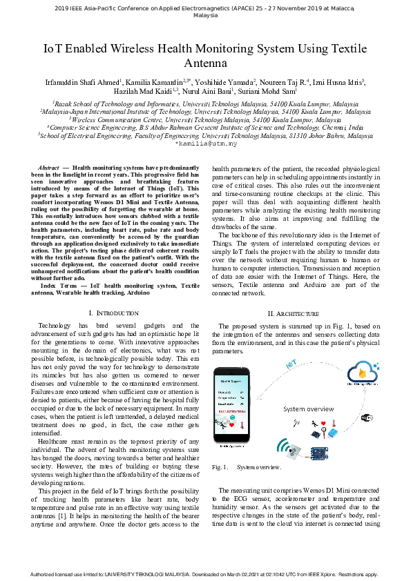 (PDF) IoT Enabled Wireless Health Monitoring System Using Textile Antenna