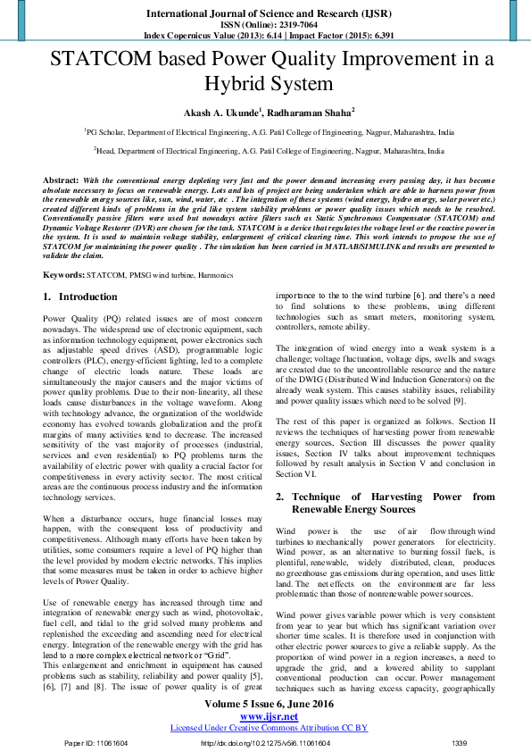 (PDF) STATCOM based Power Quality Improvement in a Hybrid System