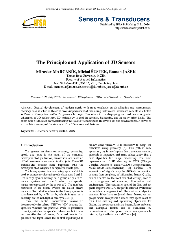(PDF) The Principle and Application of 3 D Sensors