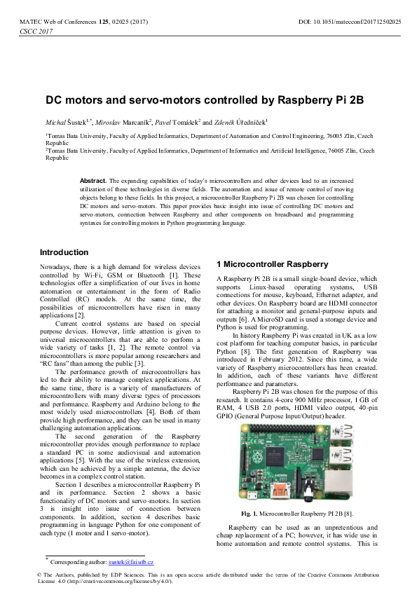 (PDF) DC motors and servo-motors controlled by Raspberry Pi 2B
