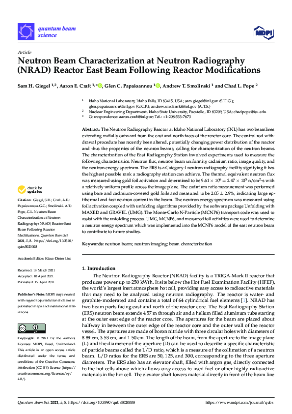 (PDF) Neutron Beam Characterization at Neutron Radiography (NRAD ...