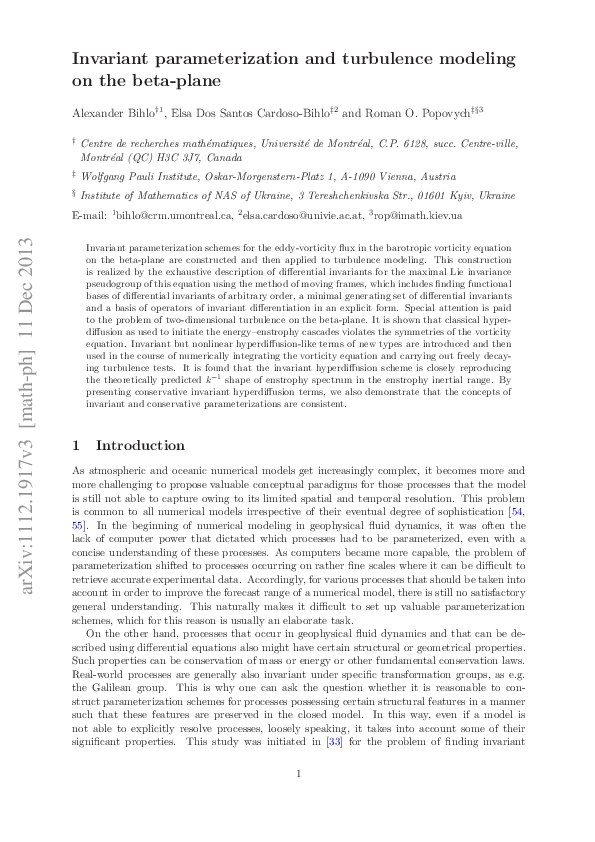 (PDF) Invariant parameterization and turbulence modeling on the beta-plane